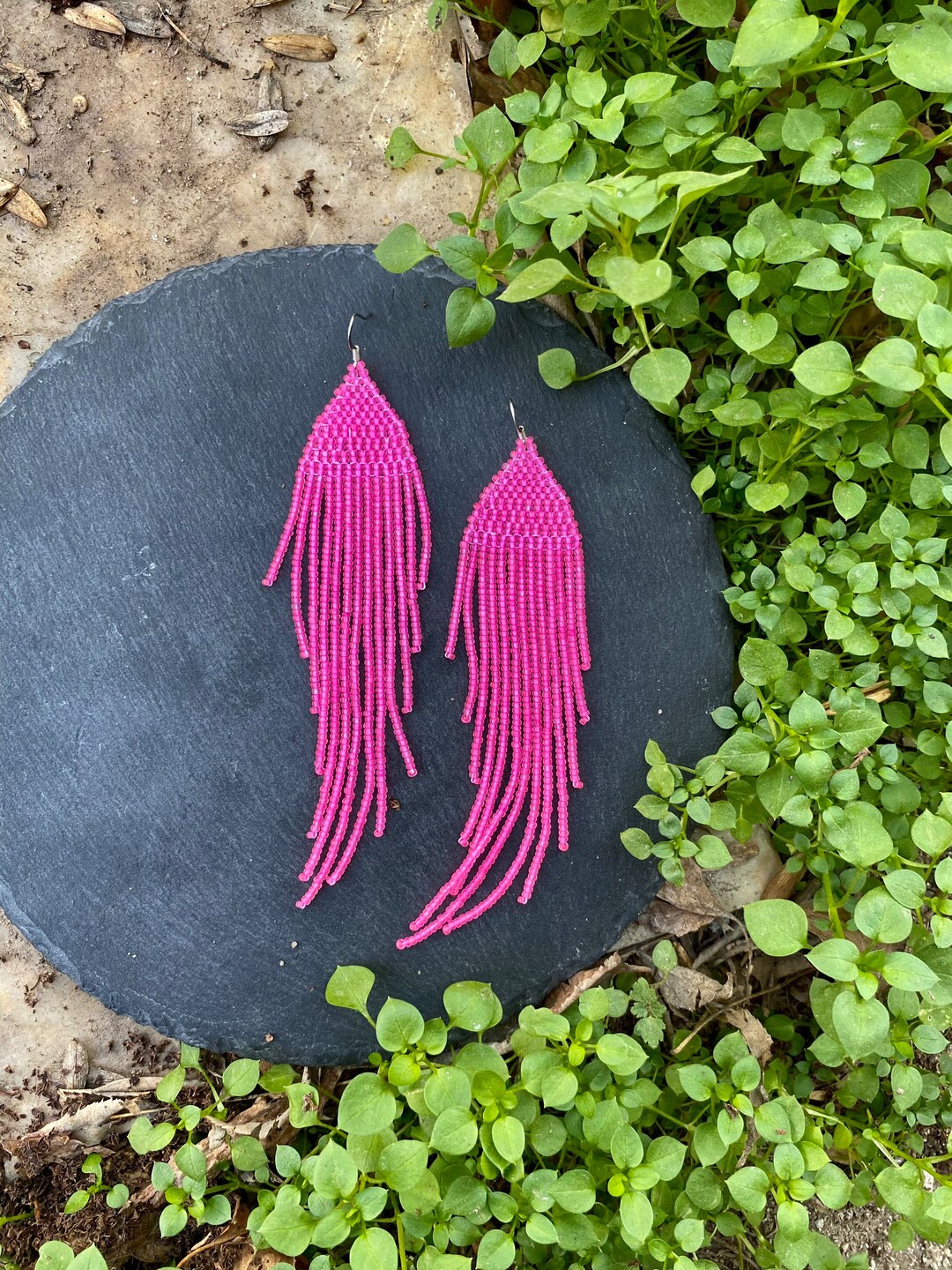 Neon Pink Extra Long Earrings, Beaded Fringe Earrings,shoulder Duster ...