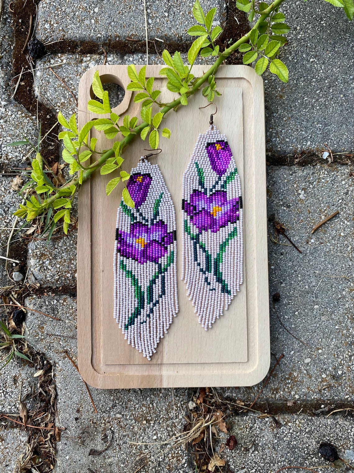 Purple Crocus Flower Earrings, Beaded Earrings, Extra Long Fringe ...