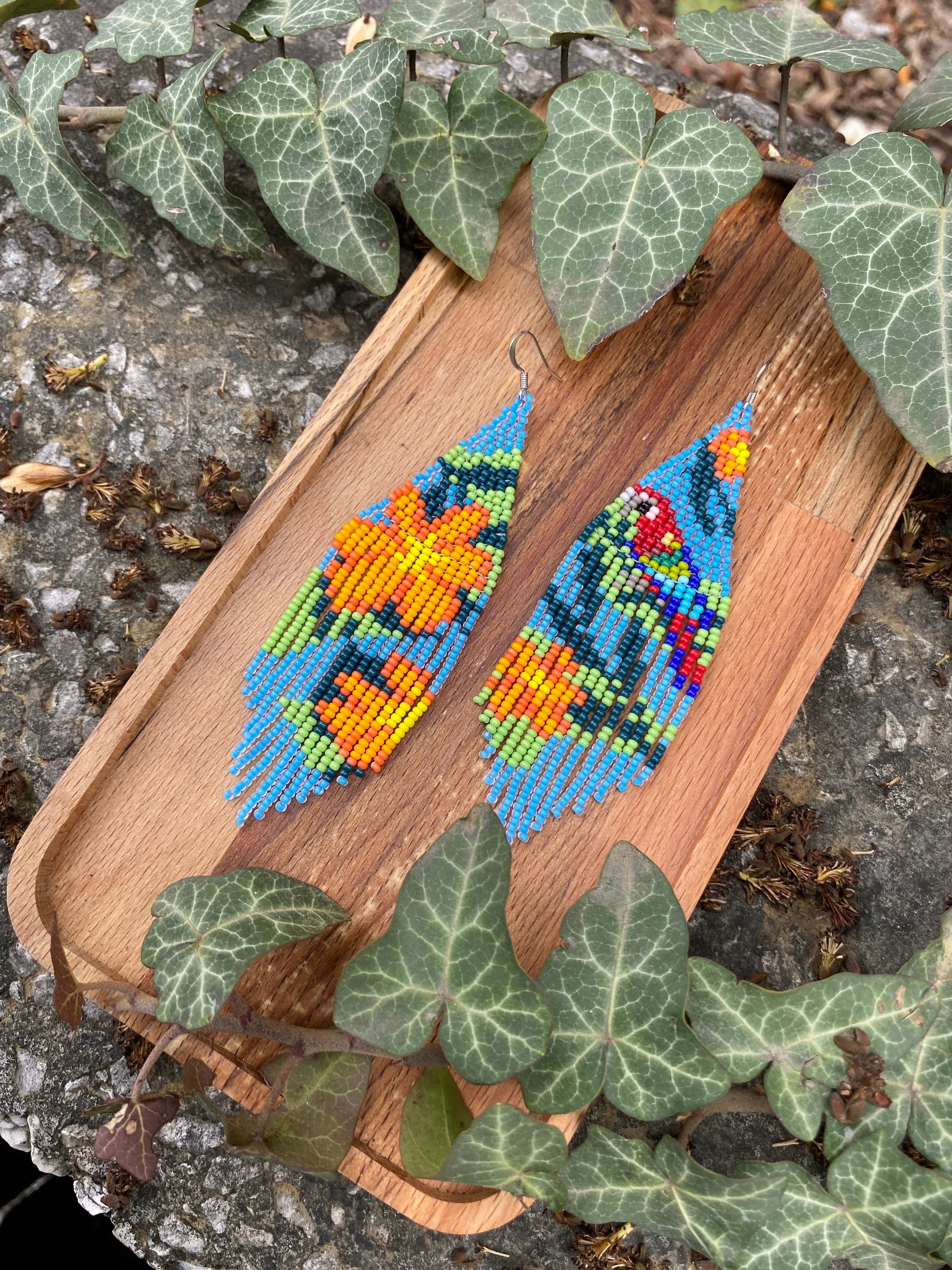 Red Parrot Beaded Fringe Earrings Handwoven Beaded Earrings - Etsy