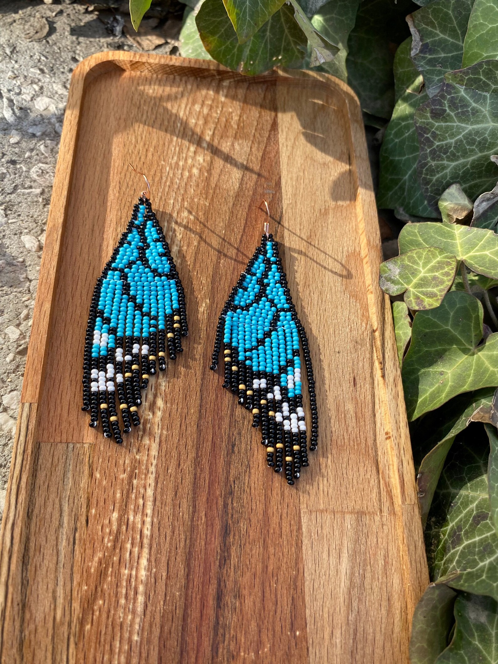 Blue Butterfly Wing Beaded Fringe Earrings Seed Bead Earrings Dangle ...