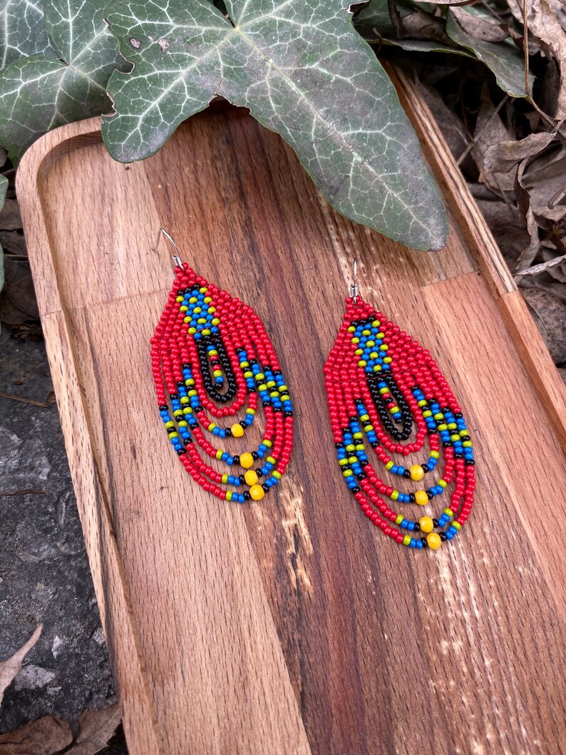 Red Aztec Beaded Earrings, Handwoven Beaded Earring, Colorful Modern ...