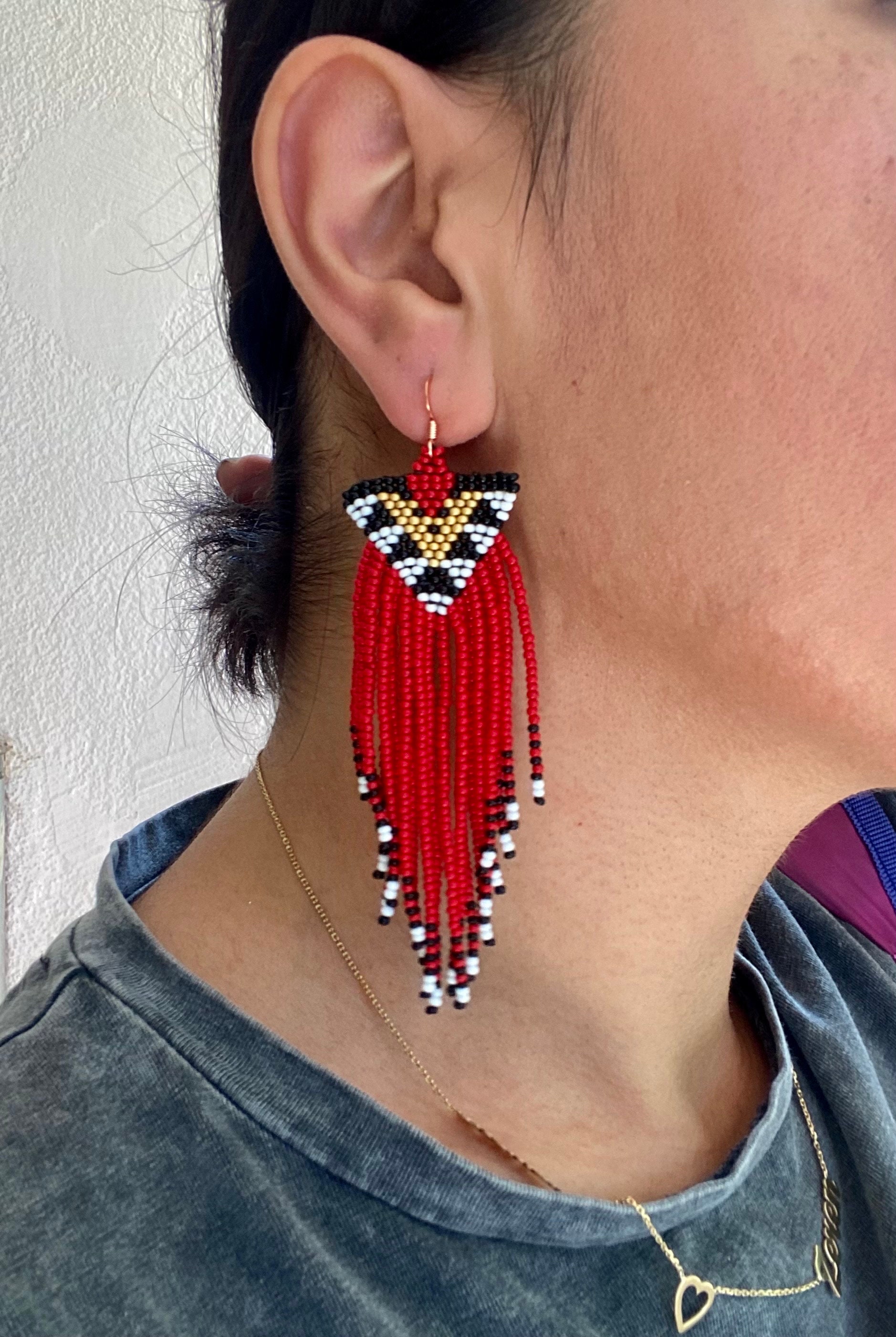 Long Red Black Beaded Fringe Earrings, Seed Bead Earrings Dangle Boho ...