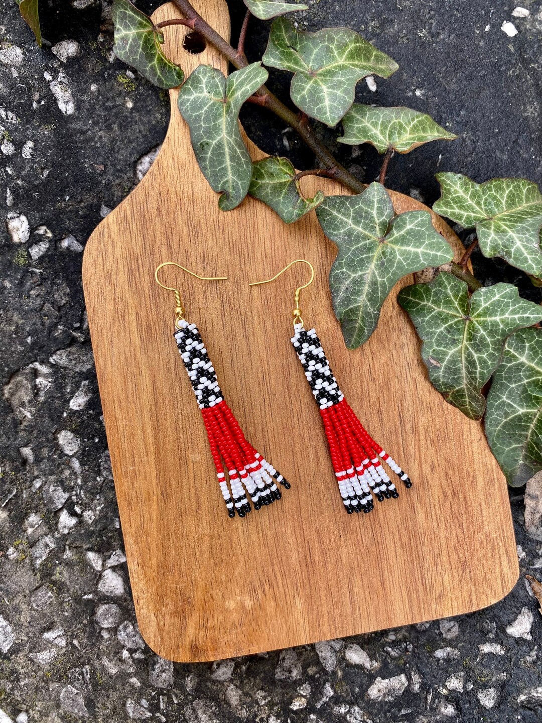 Red Black and Gold Beaded Tube Earrings, Native Style Beaded Earrings ...