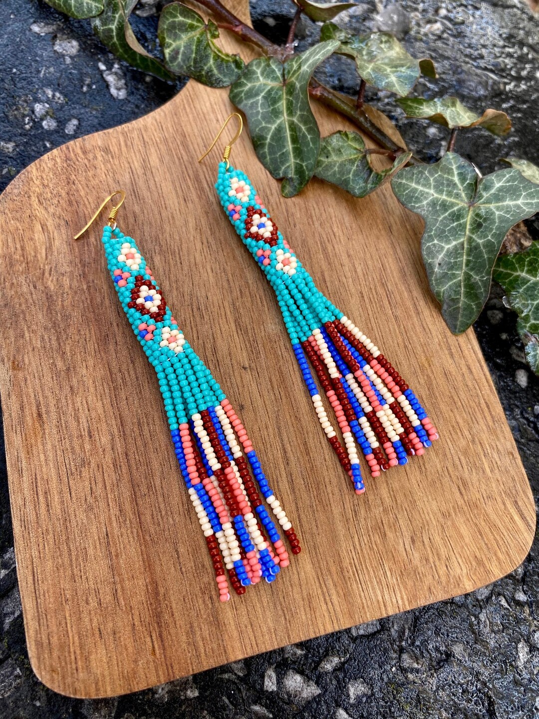 Turquoise Bohemian Beaded Earrings, Boho Fringe Earrings,tube Beaded ...