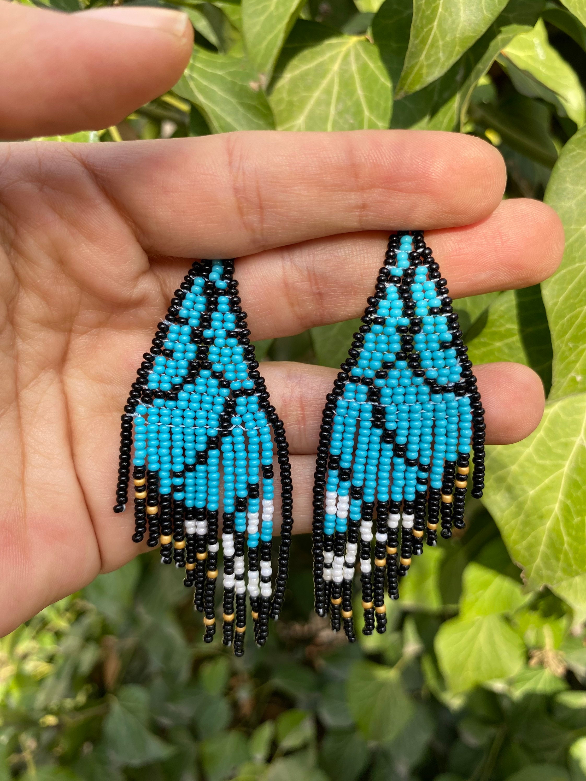 Blue Butterfly Wing Beaded Fringe Earrings Seed Bead Earrings Dangle ...