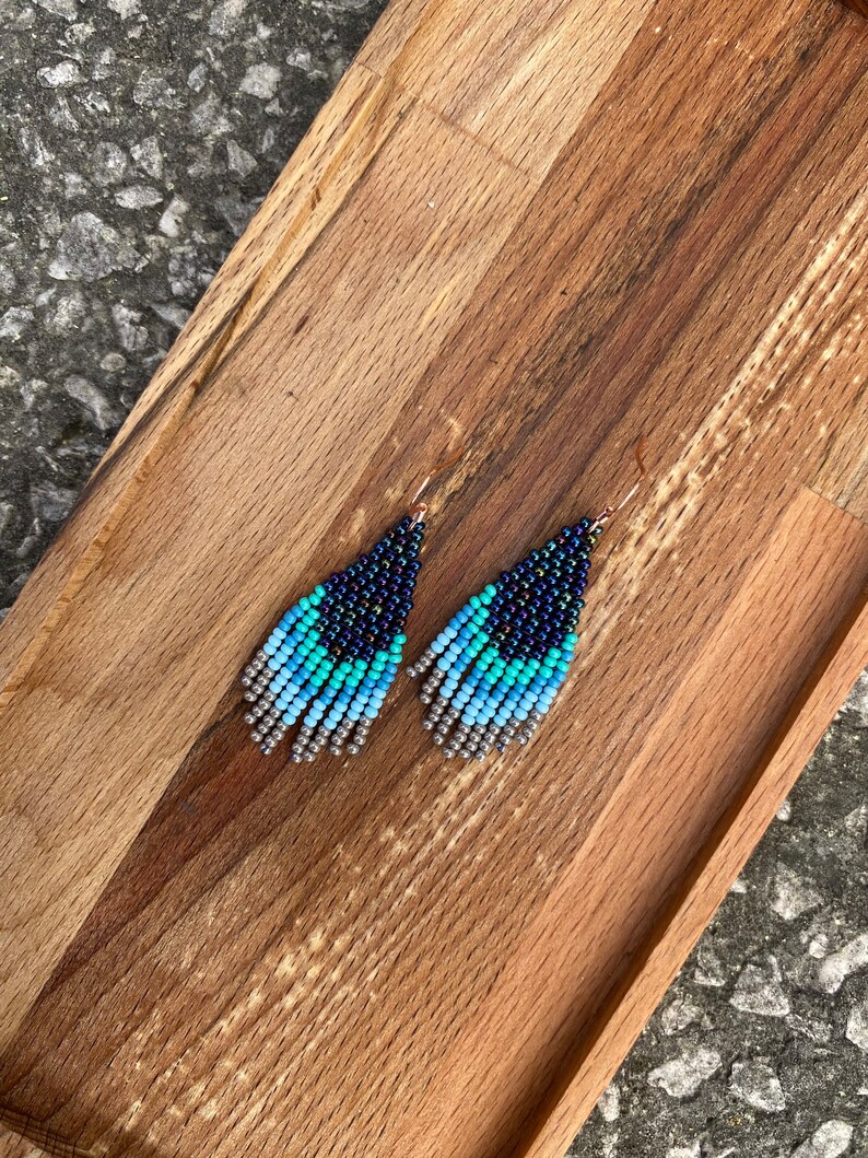 Navy Blue Turquoise Ombre Earrings Small Beaded Earrings Fringe Dangle ...