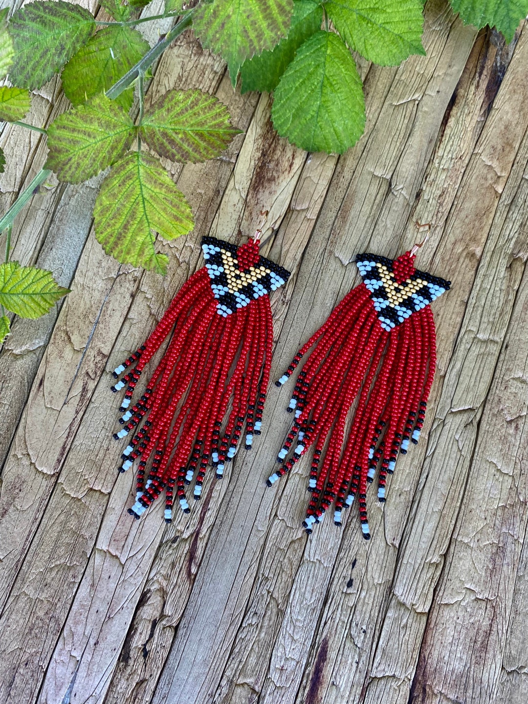 Long Red Black Beaded Fringe Earrings, Seed Bead Earrings Dangle Boho ...