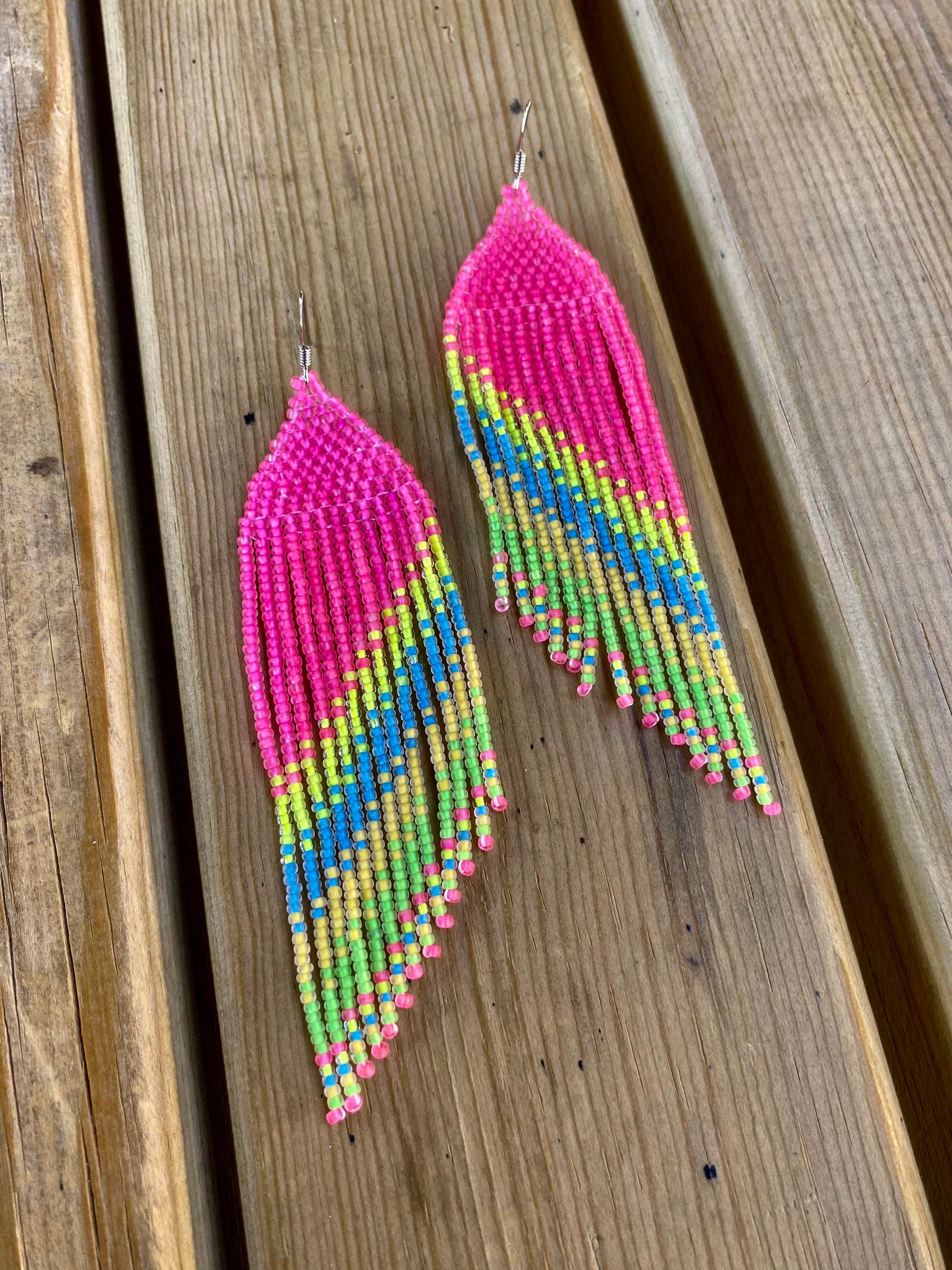 Neon Pink and Yellow Beaded Fringe Earrings,seed Bead Earrings, Boho ...