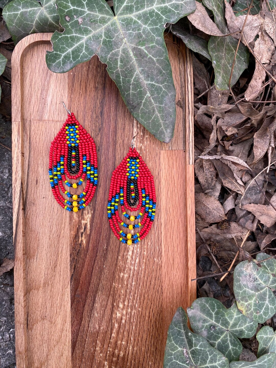 Red Aztec Beaded Earrings, Handwoven Beaded Earring, Colorful Modern ...