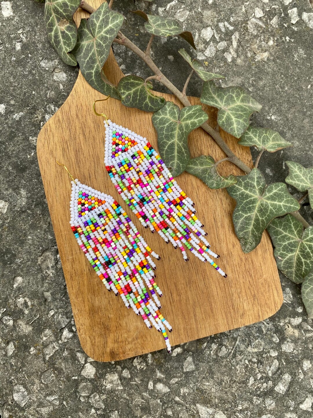 Rainbow Beaded Earrings, Candy Colorful Earrings, Fringe Seed Beaded ...