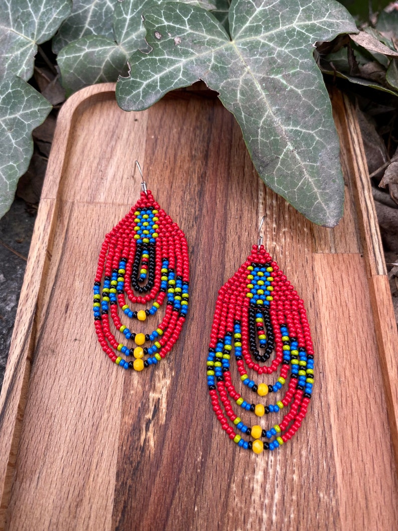 Red Aztec Beaded Earrings, Handwoven Beaded Earring, Colorful Modern ...