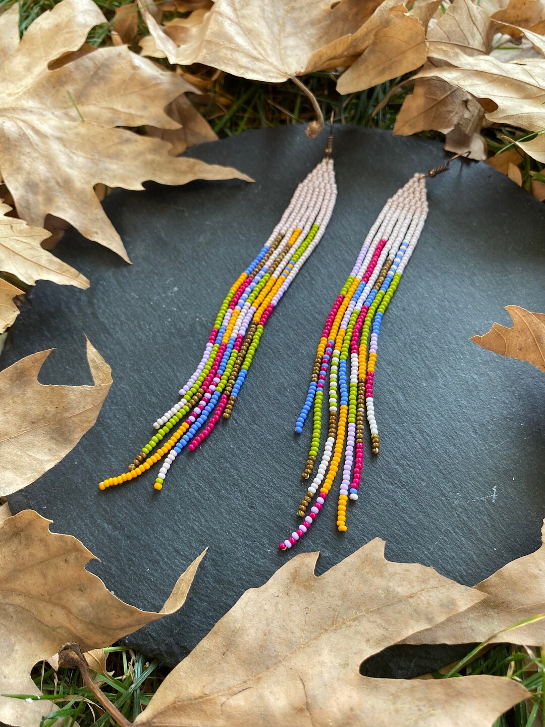 Autumn Colors Beaded Earrings, Extra Long Fringe Earrings, Seed Bead ...