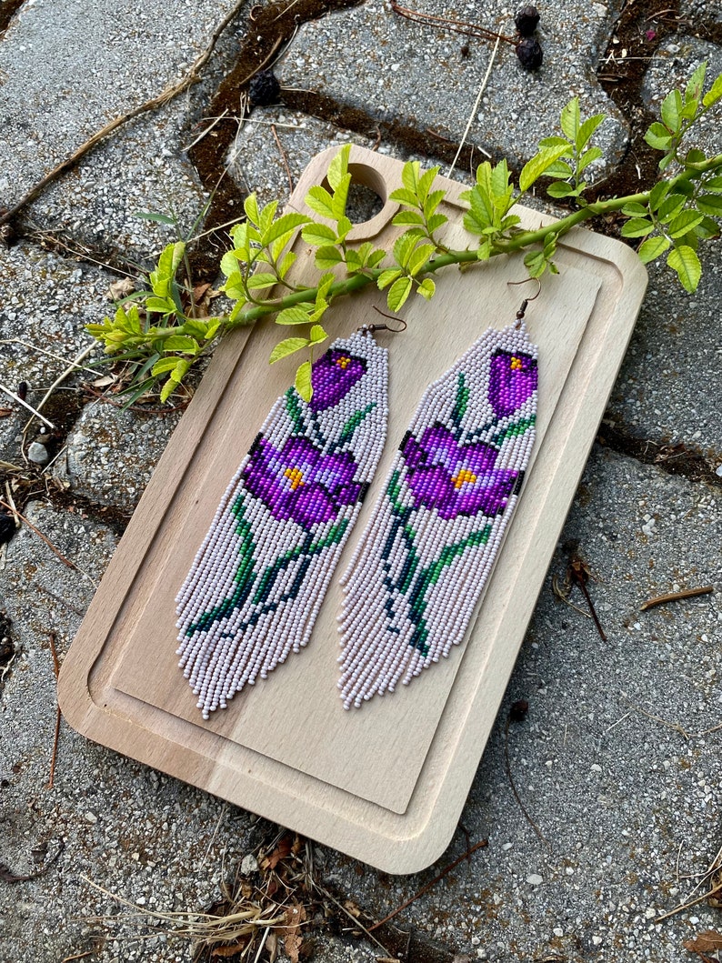 Purple Crocus Flower Earrings, Beaded Earrings, Extra Long Fringe ...