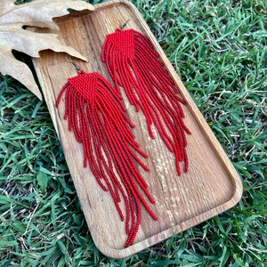 Extra Long Red Beaded Fringe Earrings, Shiny Red Earrings, Seed Bead ...