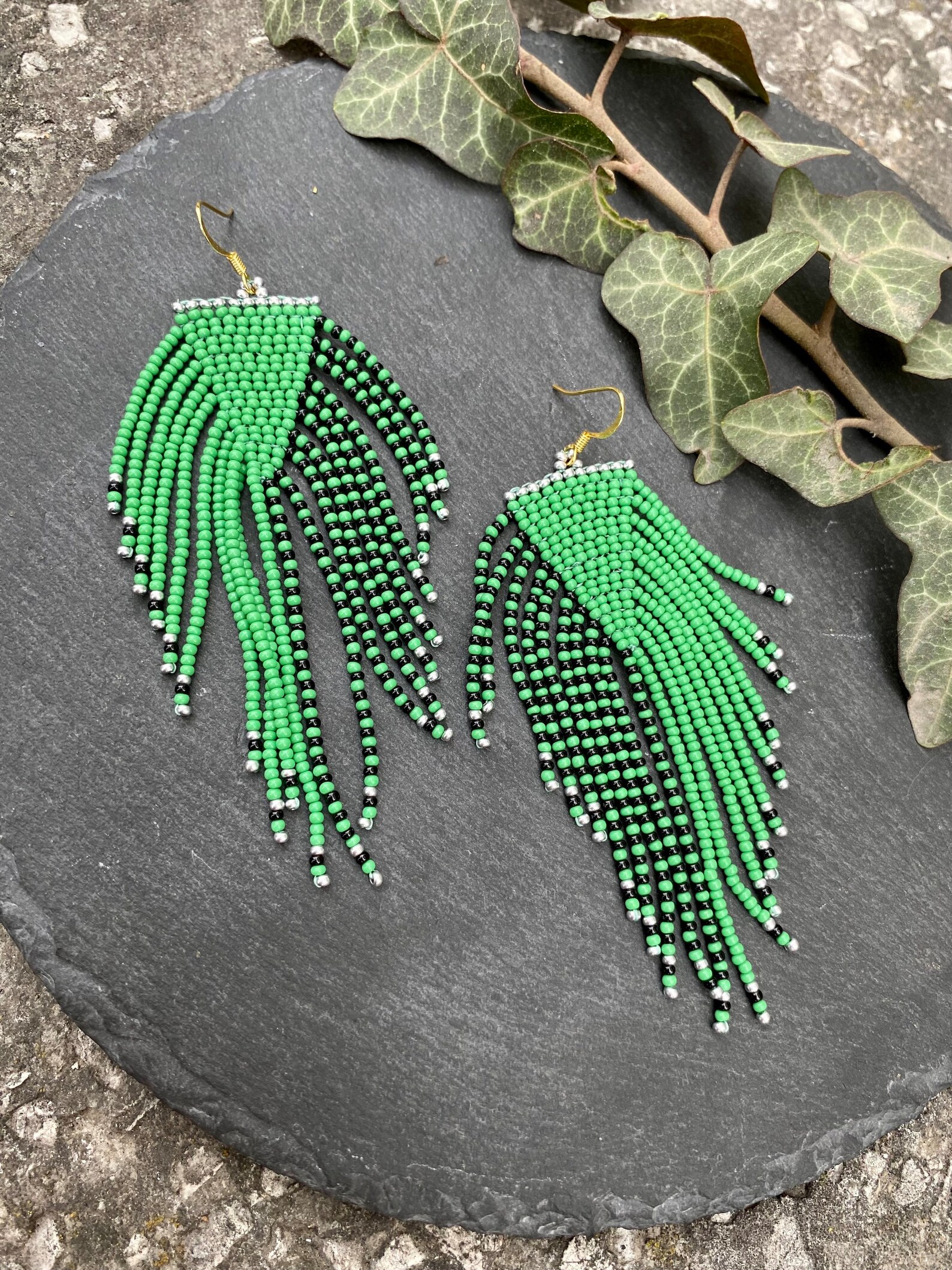 Green Black Shining Beaded Earrings Crystal Earrings Evening Seed Bead ...