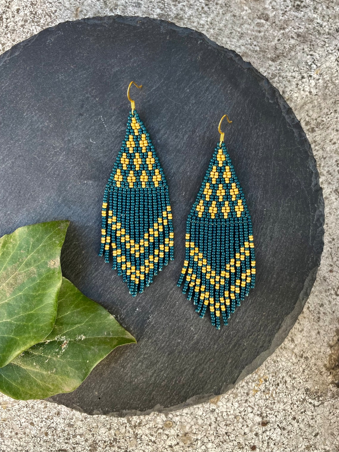 Seaweed Green Gold Beaded Fringe Earrings Seed Bead Earrings - Etsy