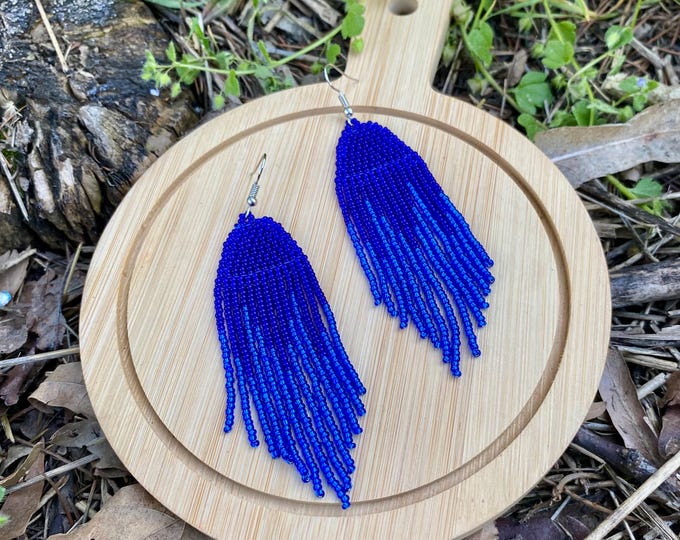 Gold Blue Long Beaded Earrings, Fringe Earrings, Beaded Dangling ...
