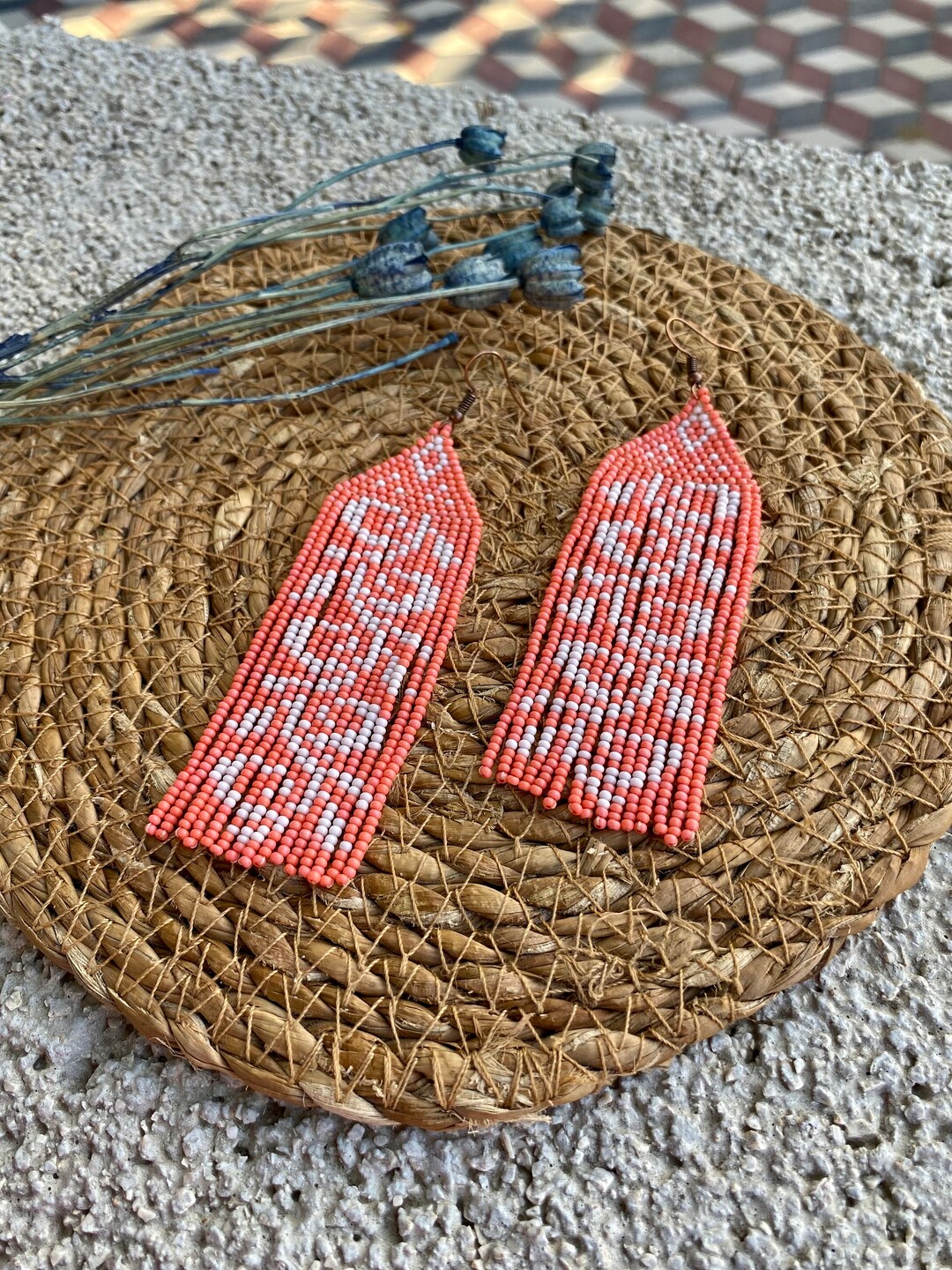 Salmon White Beaded Earrings, Fringe Earrings, Seed Bead Earrings, Boho ...