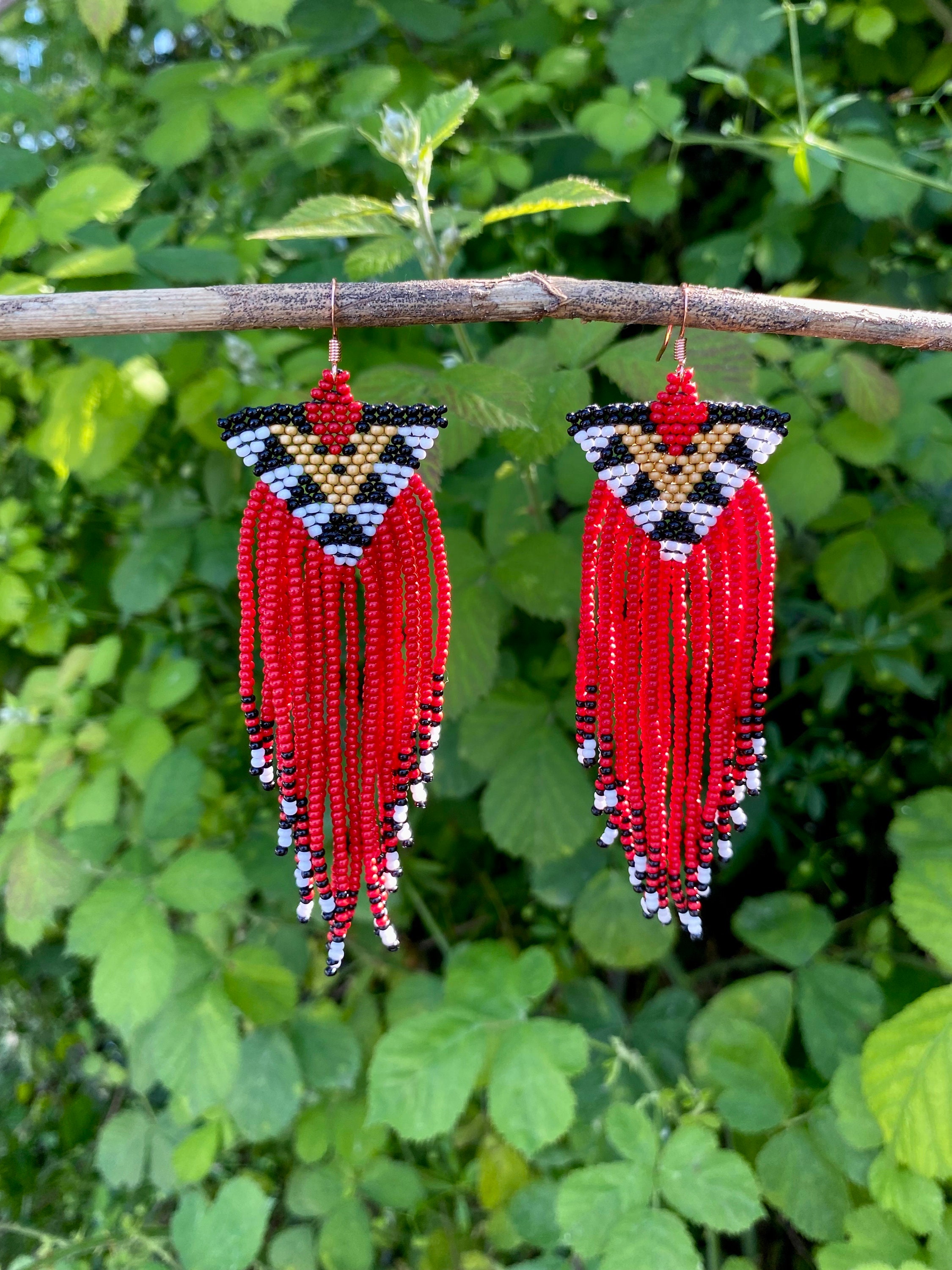 Long Red Black Beaded Fringe Earrings, Seed Bead Earrings Dangle Boho ...