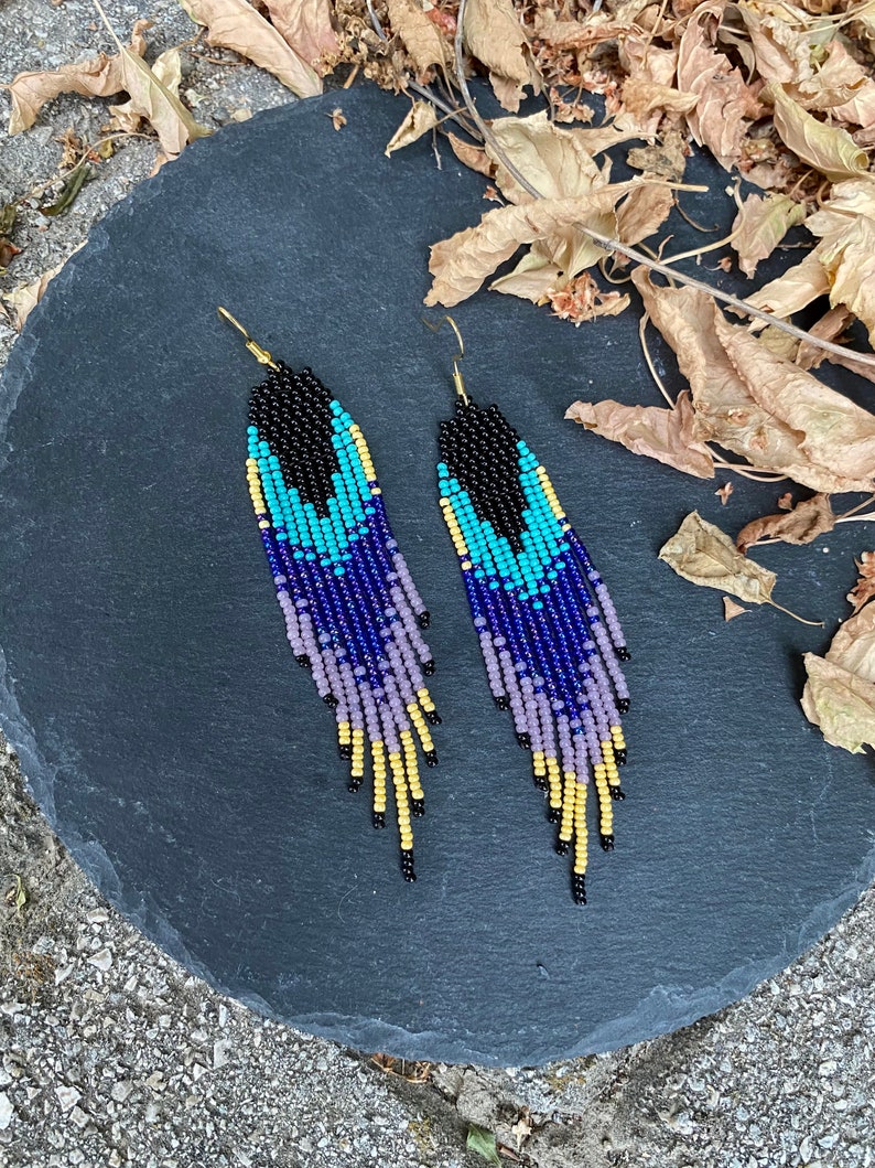 Royal Blue and Green Earrings, Beaded Fringe Earring, Shining Blue ...