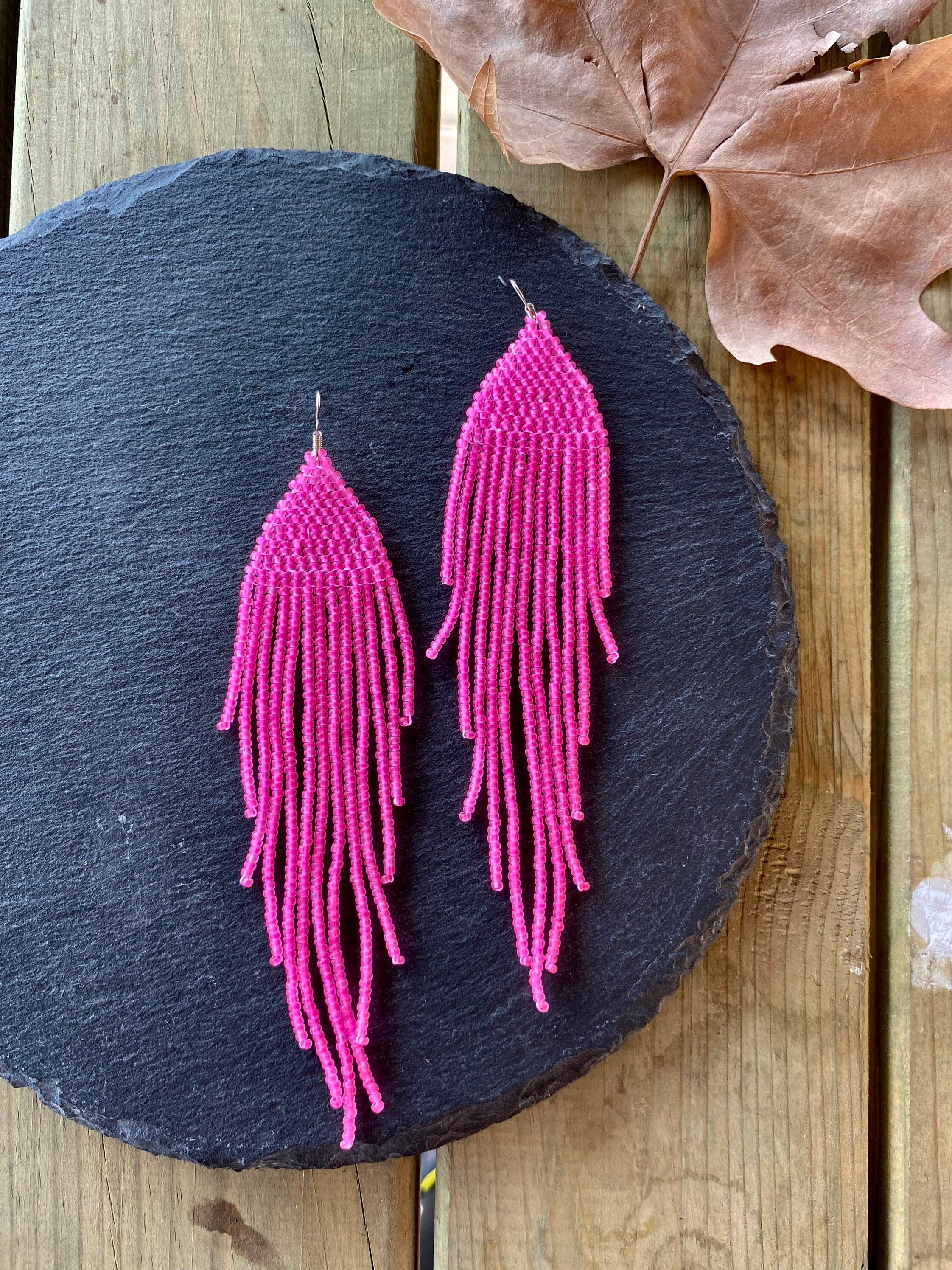 Neon Pink Extra Long Earrings, Beaded Fringe Earrings,shoulder Duster ...