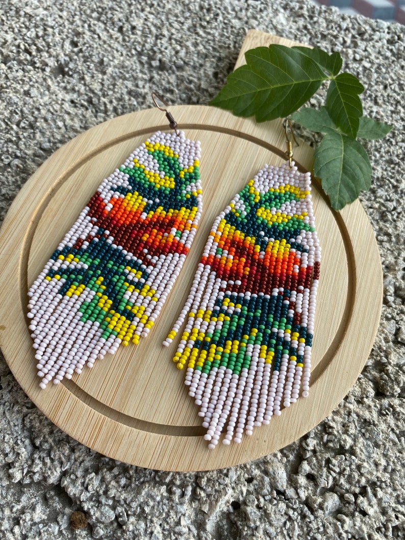 Autumn Leaves Beaded Earrings, Boho Fringe Earrings, Sycamore Leaves ...