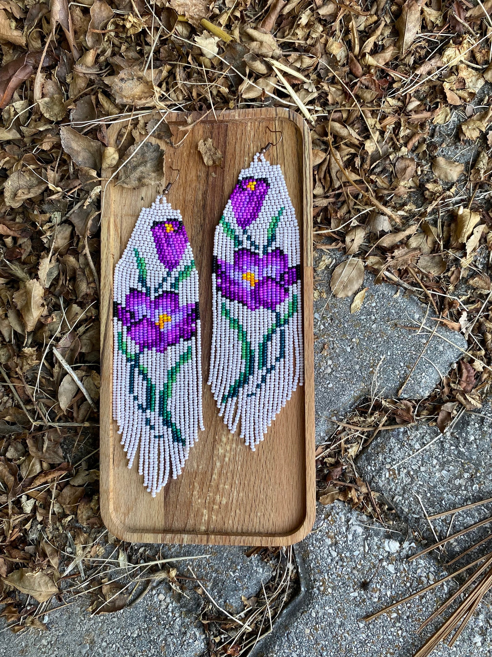 Purple Crocus Flower Earrings, Beaded Earrings, Extra Long Fringe ...