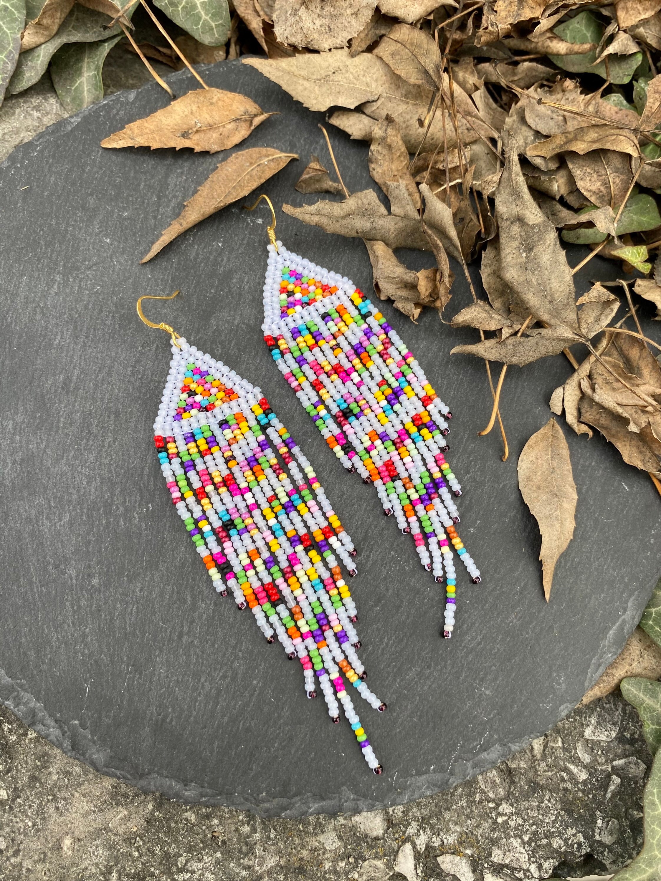 Rainbow Beaded Earrings, Candy Colorful Earrings, Fringe Seed Beaded ...