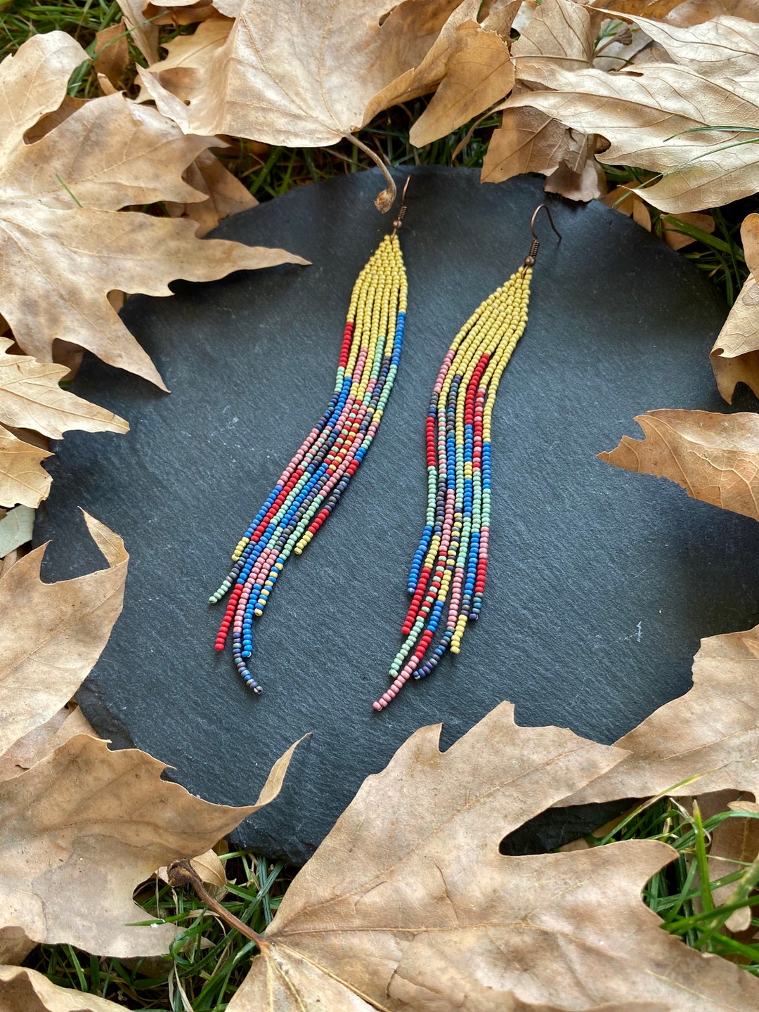 Gold Long Beaded Earrings, Extra Long Fringe Earrings, Seed Bead ...