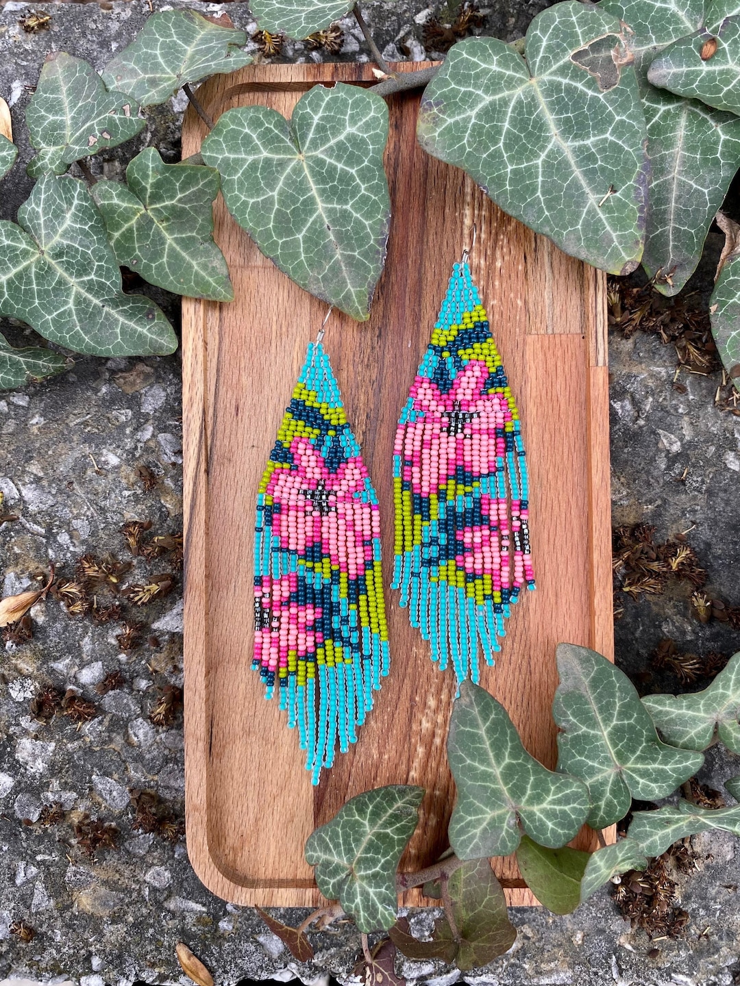 Pink Flowers Beaded Earrings, Spring Earrings, Floral Long Earrings ...