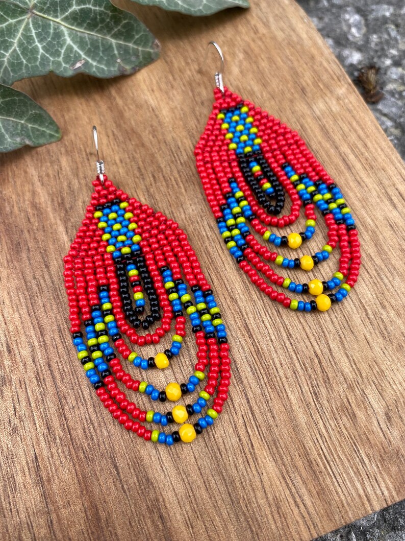 Red Aztec Beaded Earrings Handwoven Beaded Earring Colorful - Etsy