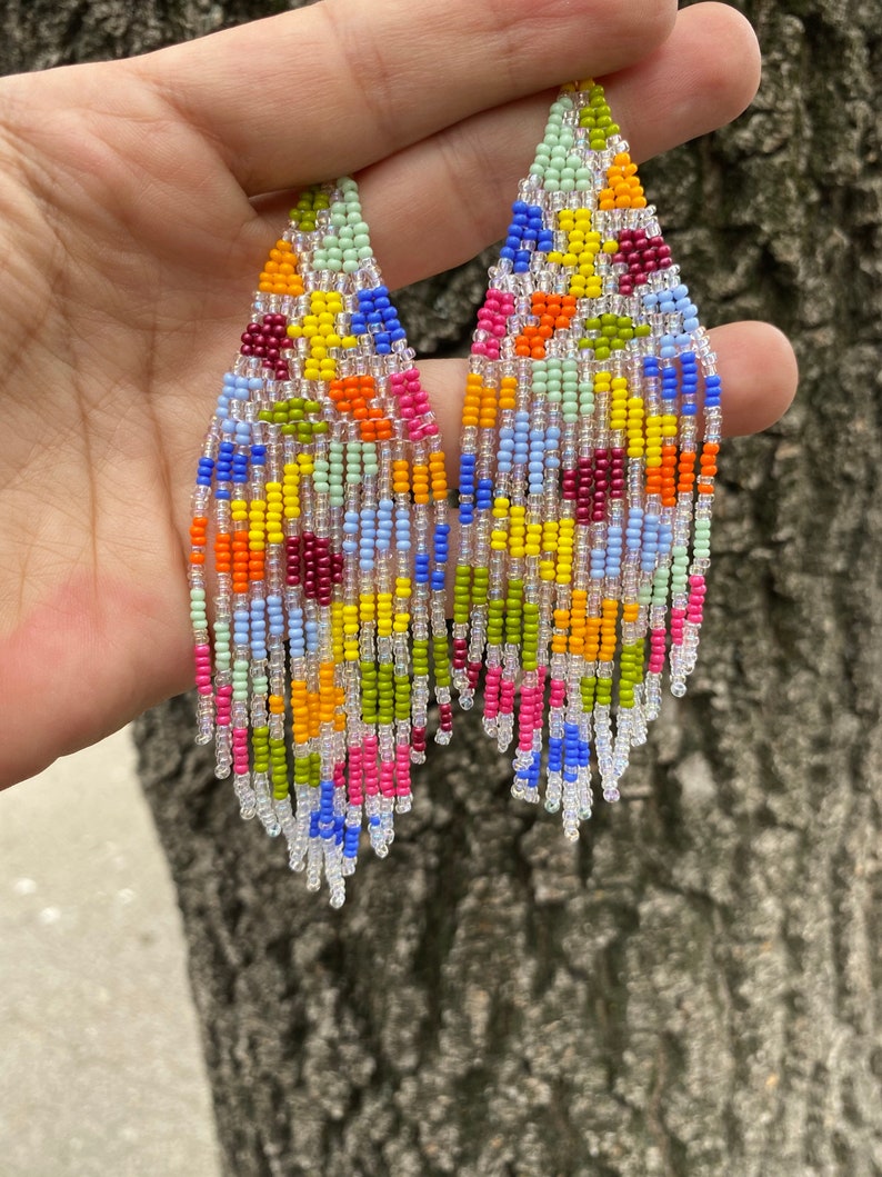 Color Palette Handwoven Beaded Earrings, Long Modern Earrings, Fringe ...