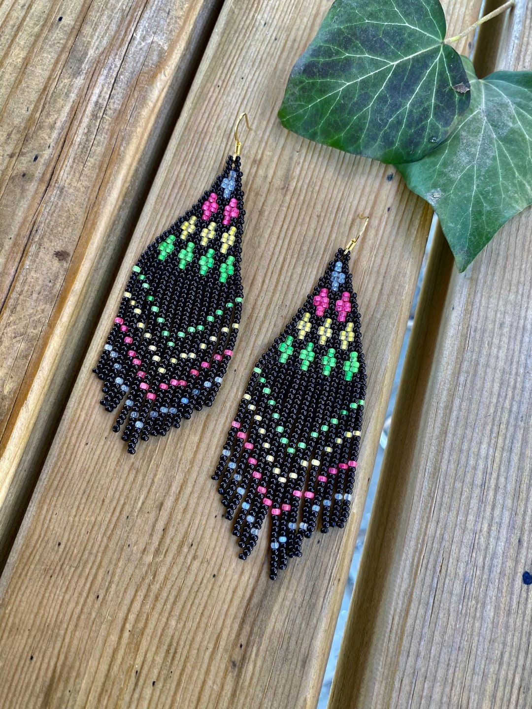Black and Neon Beaded Earrings, Native Beaded Fringe Earrings,shoulder ...