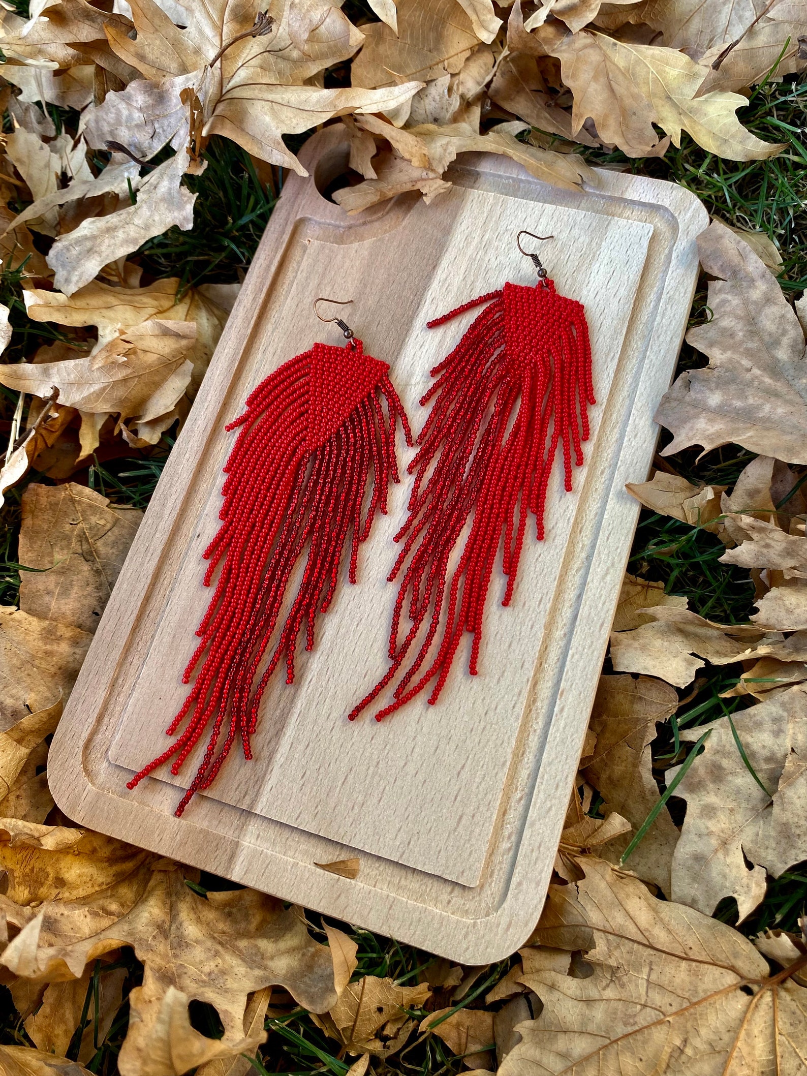 Extra Long Red Beaded Fringe Earrings, Shiny Red Earrings, Seed Bead ...