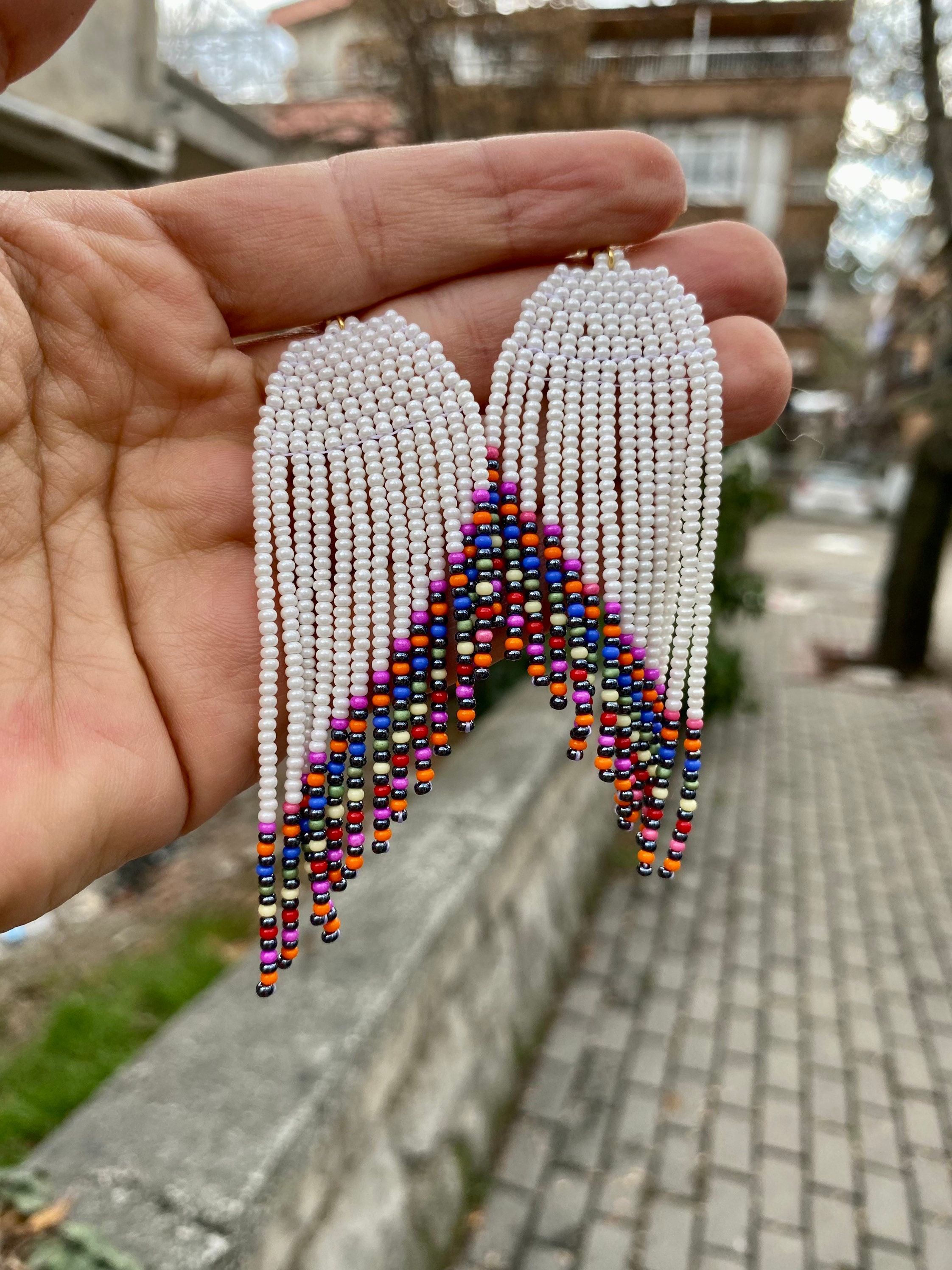 Pearl White Beaded Fringe Earrings Angel Wings Seed Bead - Etsy