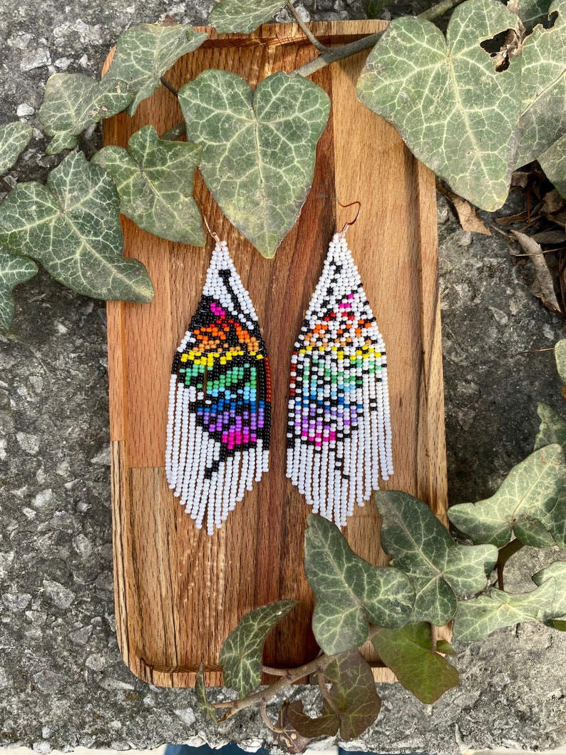 Butterfly Beaded Fringe Earring, Colorful Earrings, Rainbow Butterfly ...