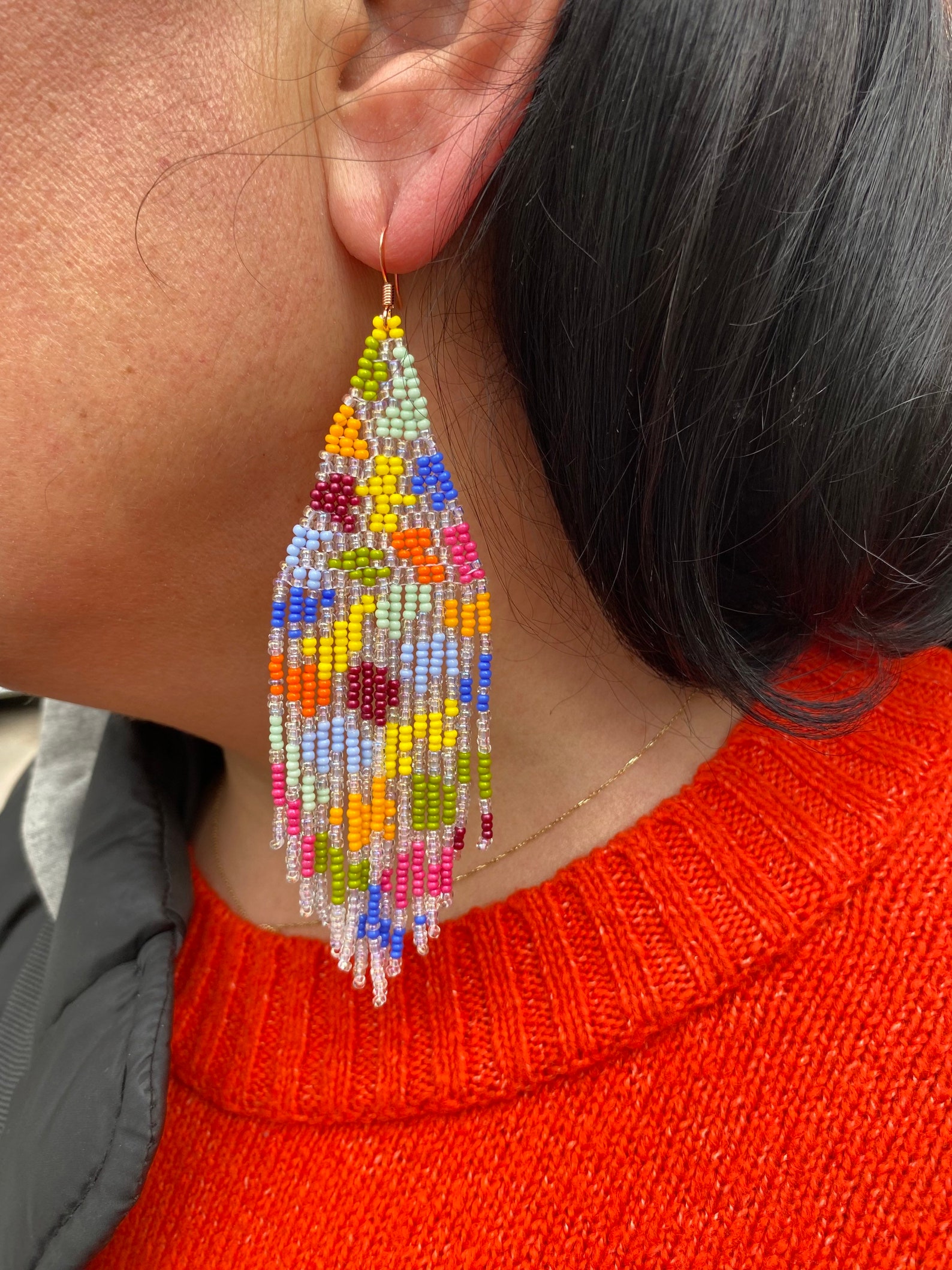 Color Palette Handwoven Beaded Earrings, Long Modern Earrings, Fringe ...