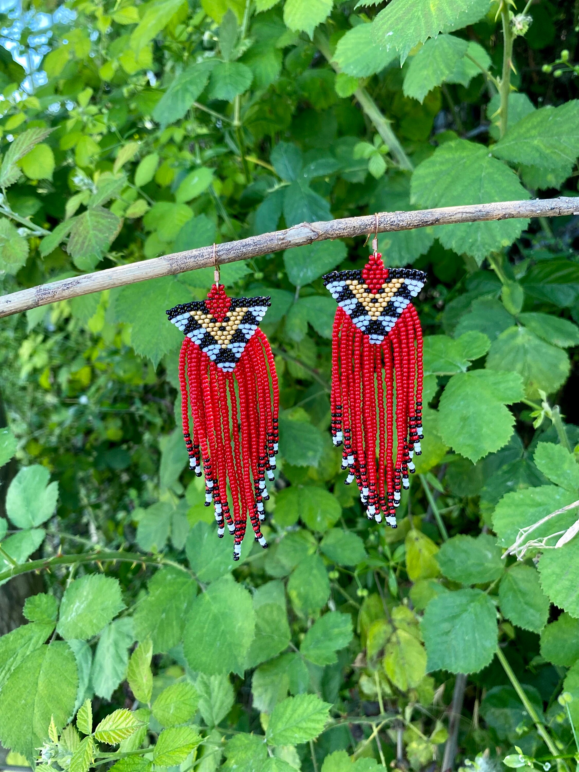Long Red Black Beaded Fringe Earrings, Seed Bead Earrings Dangle Boho ...