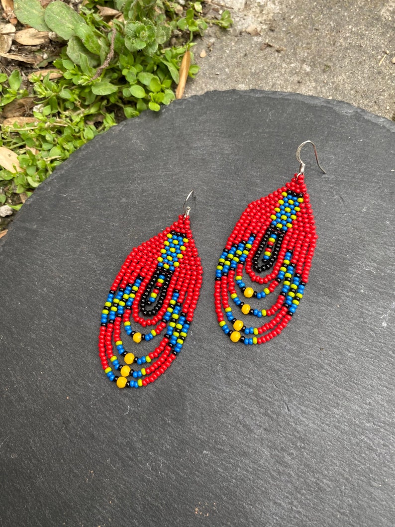 Red Aztec Beaded Earrings, Handwoven Beaded Earring, Colorful Modern ...