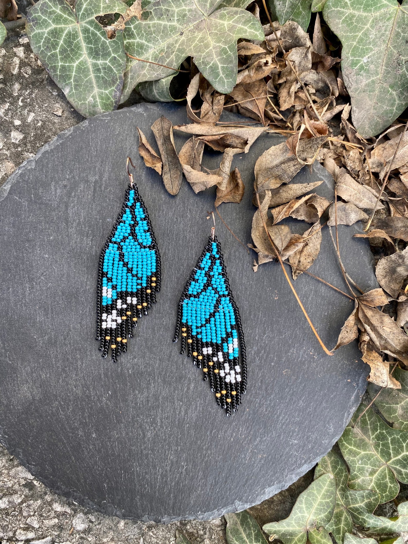 Blue Butterfly Wing Beaded Fringe Earrings Seed Bead Earrings Dangle ...