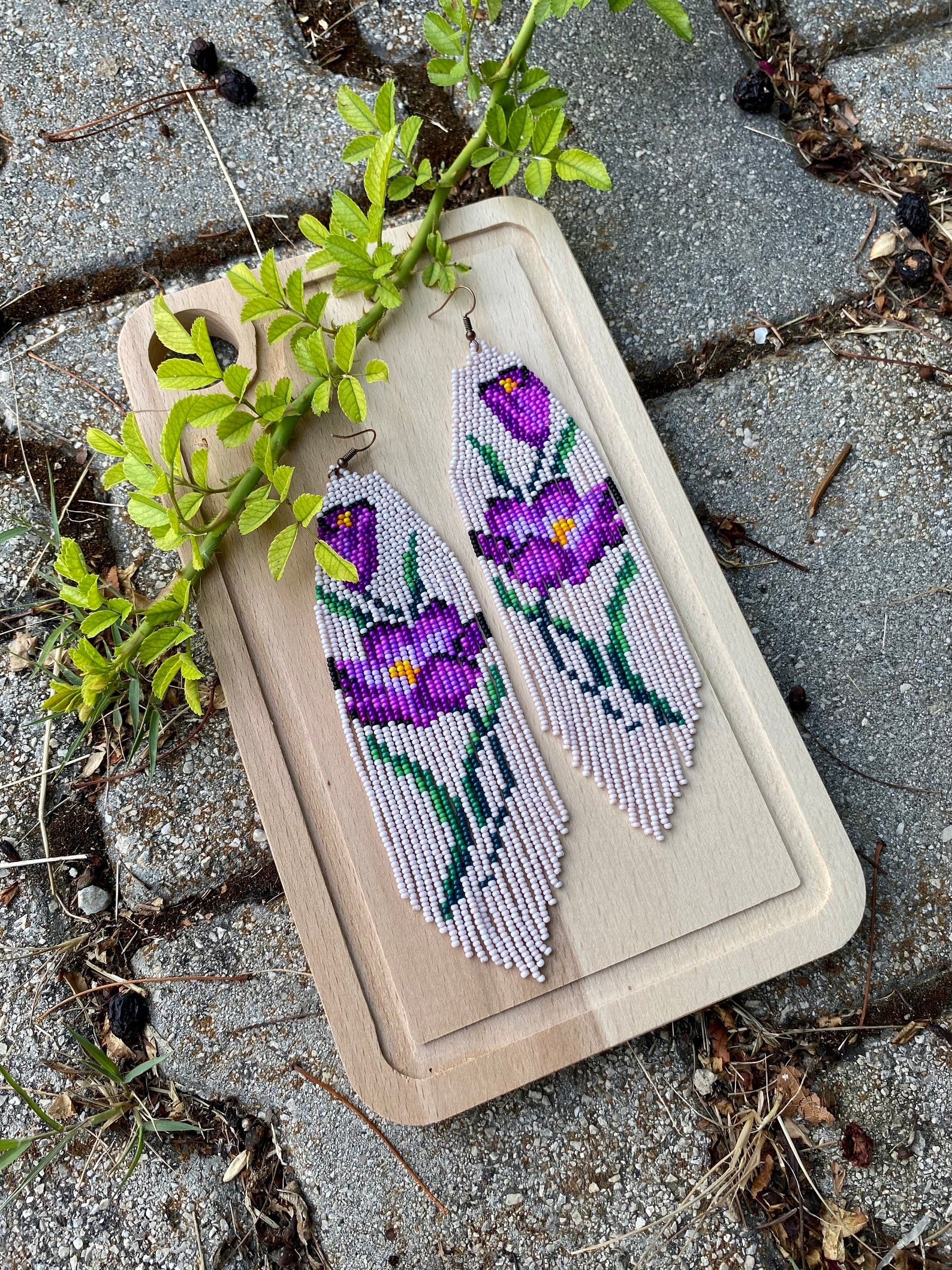Purple Crocus Flower Earrings, Beaded Earrings, Extra Long Fringe ...