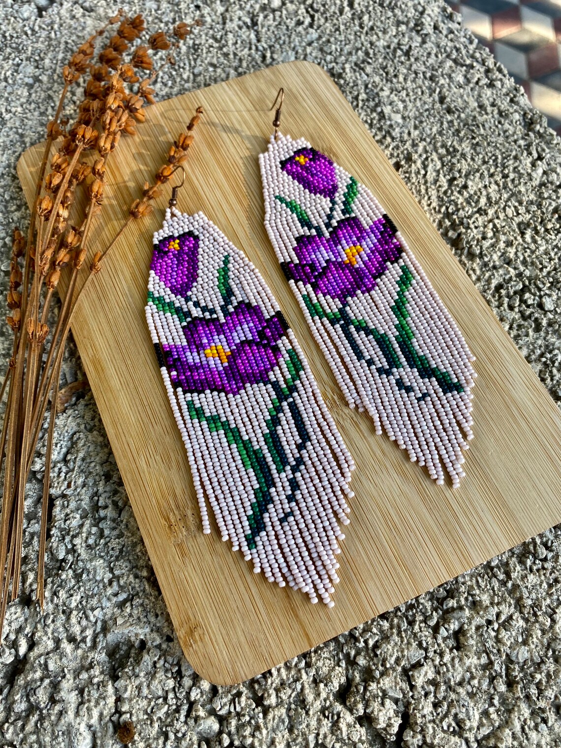 Purple Crocus Flower Earrings, Beaded Earrings, Extra Long Fringe ...