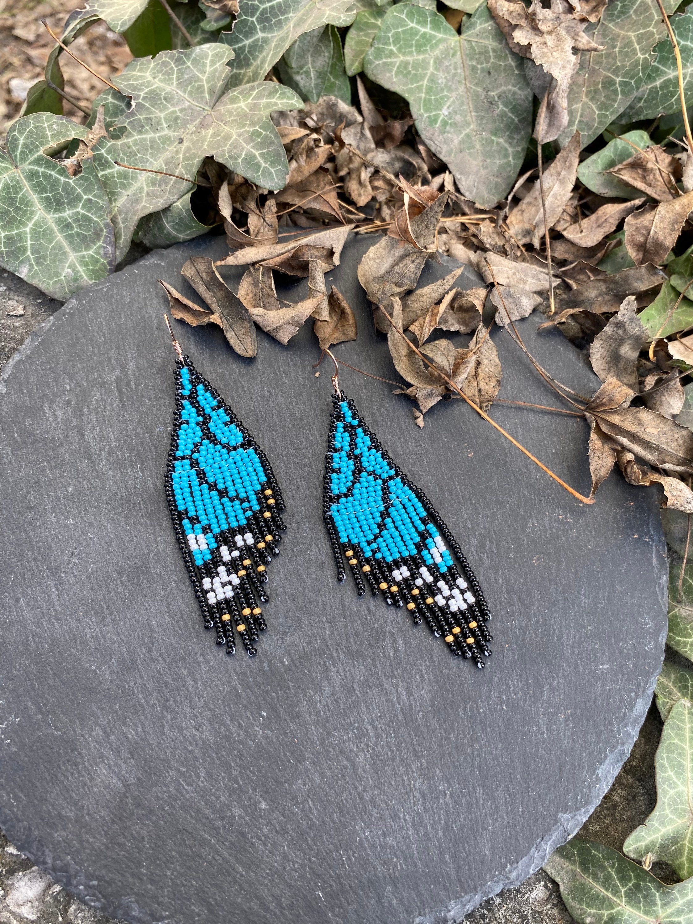 Blue Butterfly Wing Beaded Fringe Earrings Seed Bead Earrings Dangle ...