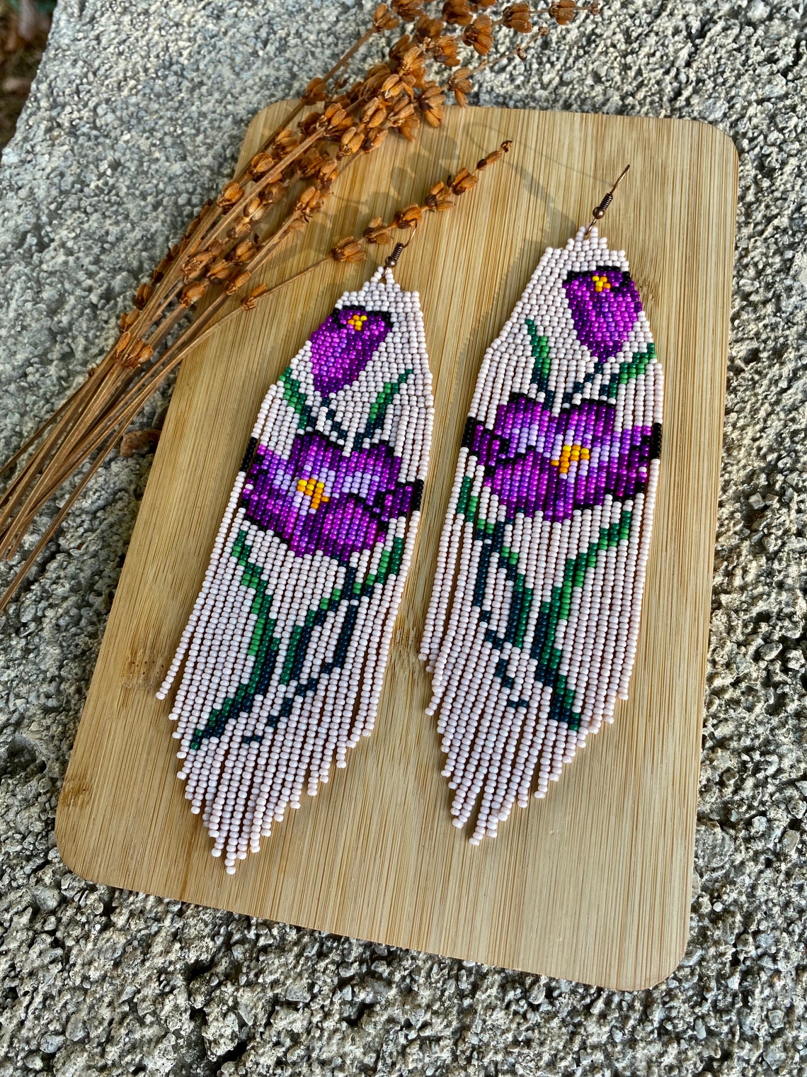 Purple Crocus Flower Earrings, Beaded Earrings, Extra Long Fringe ...