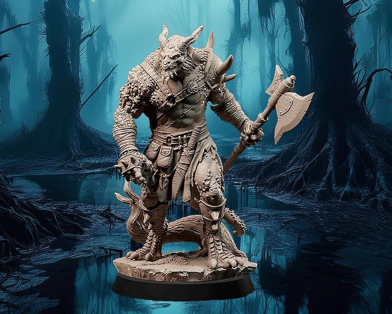 Dragonborn, Male, Fighter, Barbarian, Unarmored, Snarling, Wielding Axe ...