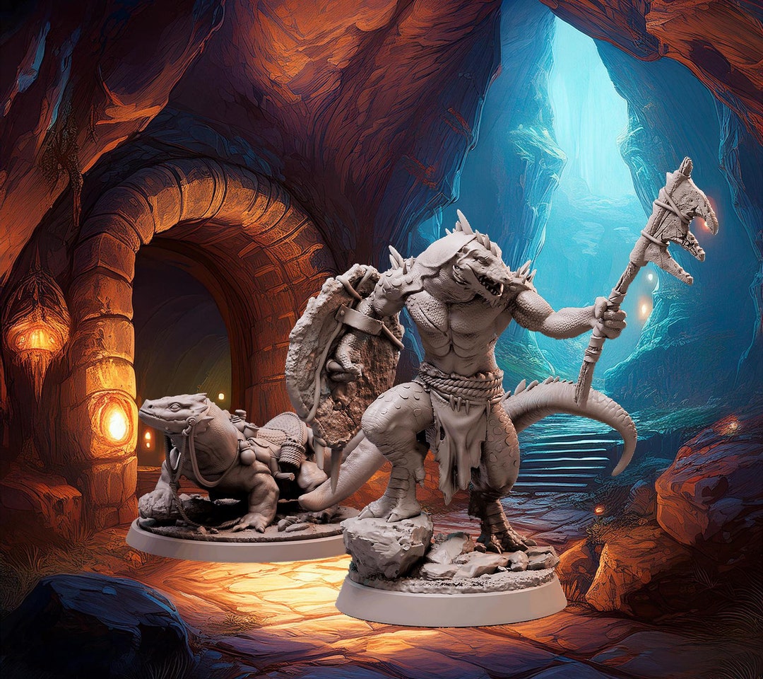 Lizardman, Giant Lizard, Mounted, Warrior, Barbarian, Crude Axe, Shield, Reptile, Leader, Large ...