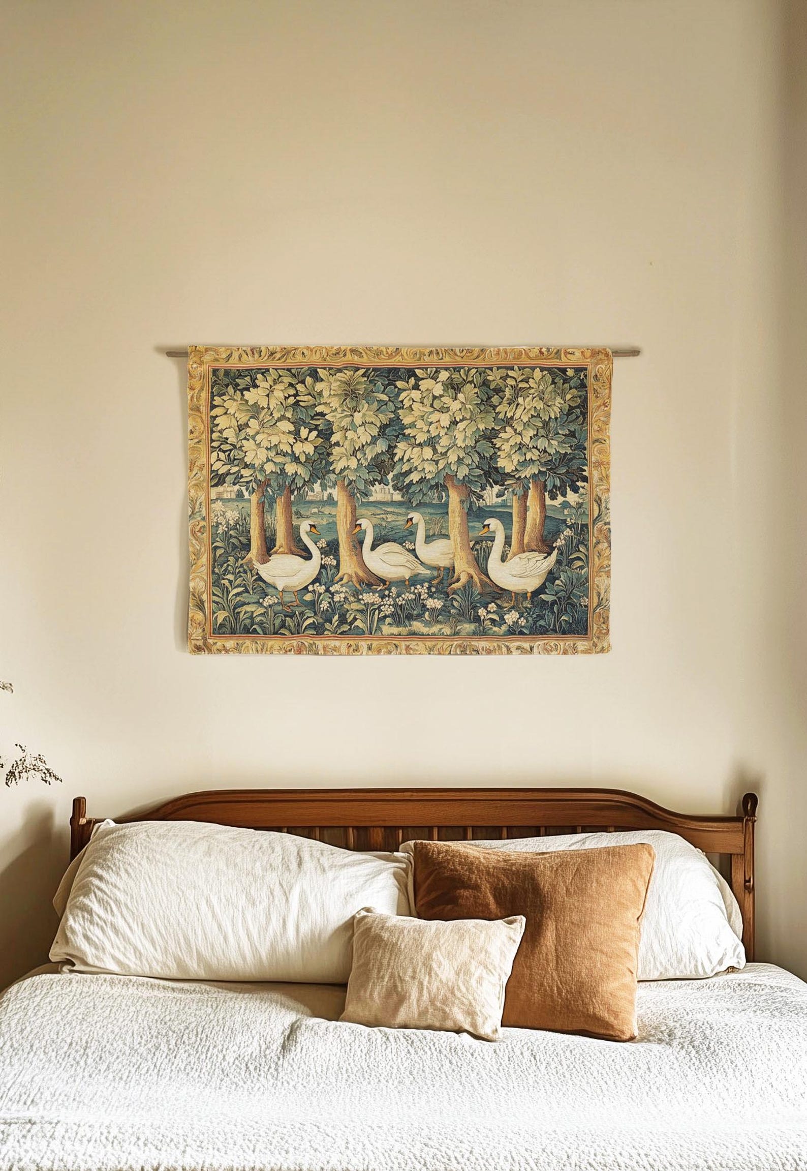 Vintage Swan Tapestry Wall Hanging Gold Border Medieval Design Room ...