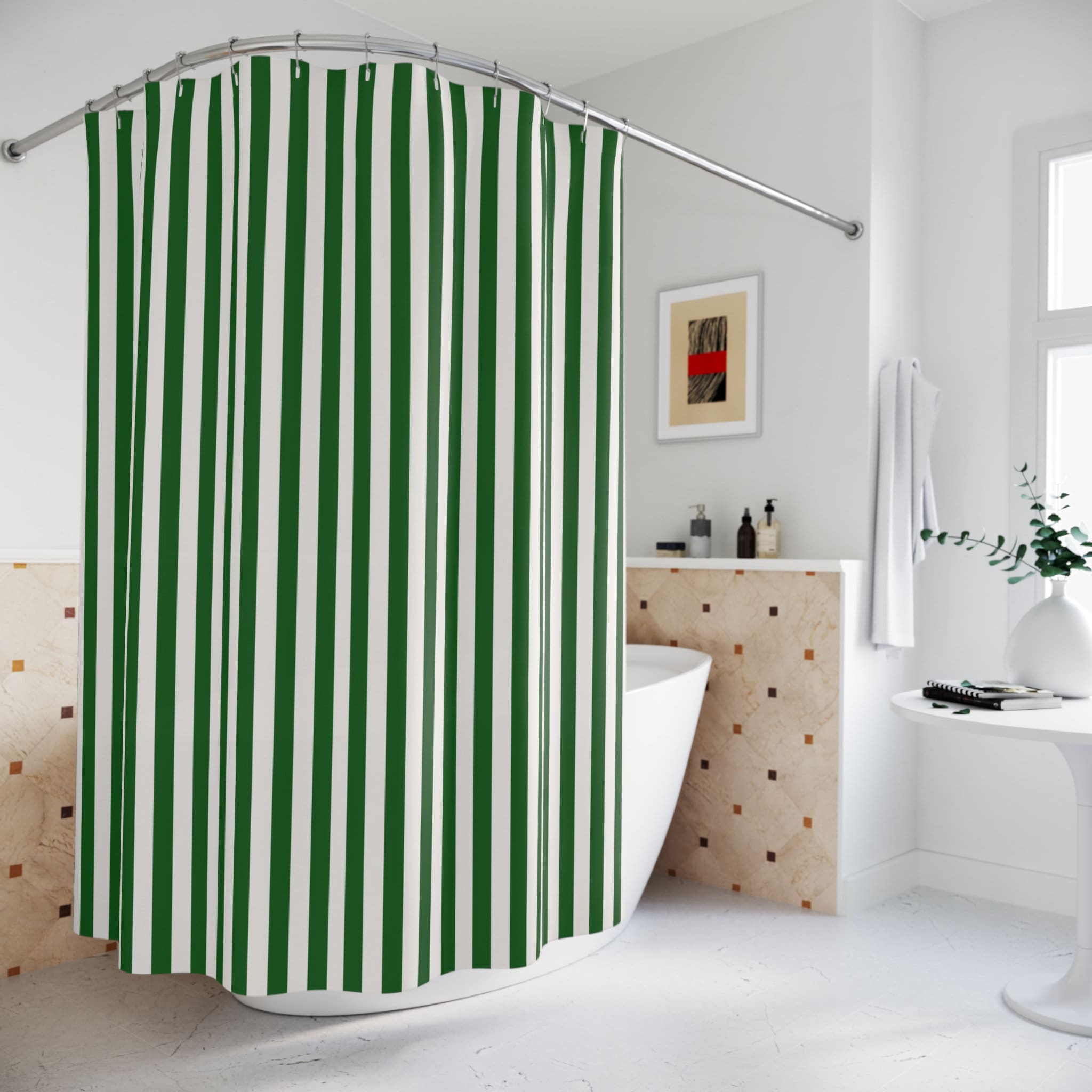 Green and white shower curtain store