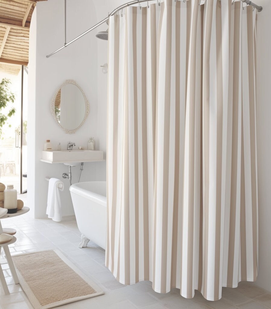 Tan and white shower curtain store