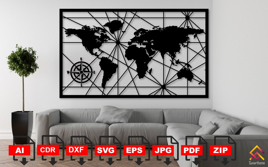 World Map SVG World Map With Compass Svg Globe Cut File World DXF for ...